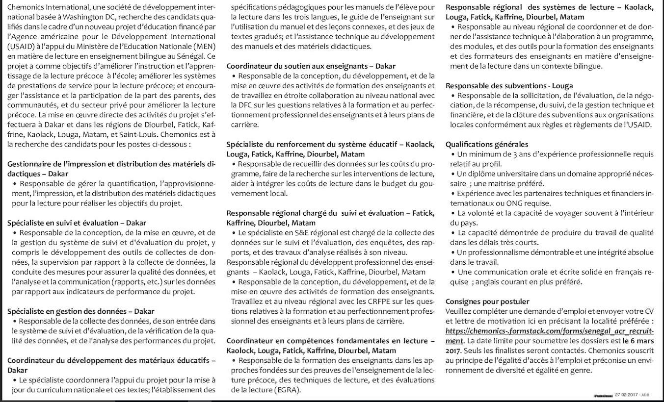 Chemonics International Senegal recrute 10 profils