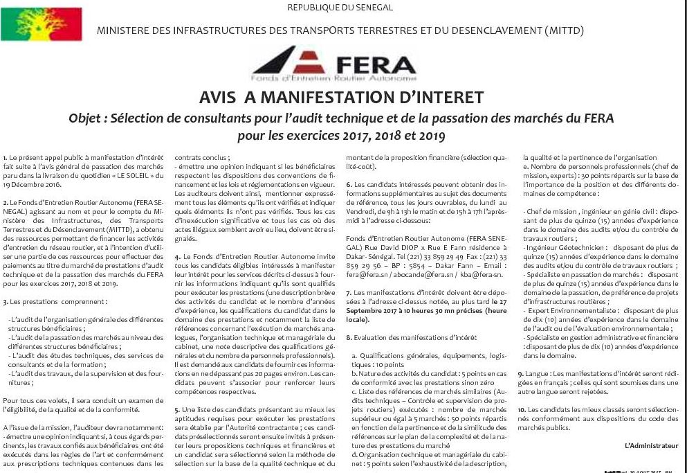 Le Fonds d'Entretien Routier Autonome (FERA Sénégal) recrute des ...
