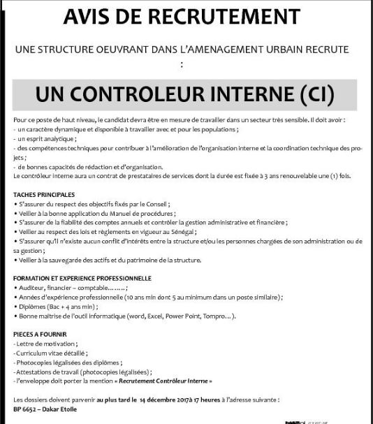 Recrutement d'un contrôleur interne par une structure