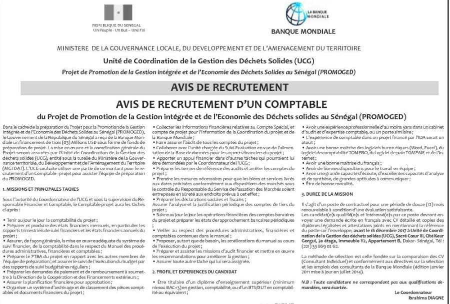 Recrutement d'un comptable par le projet de promotion