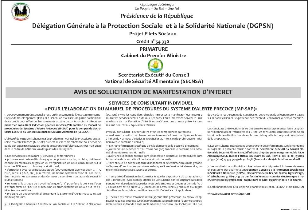 Le Gouvernement du Sénégal recrute 01 Consultant Individuel pour l ...