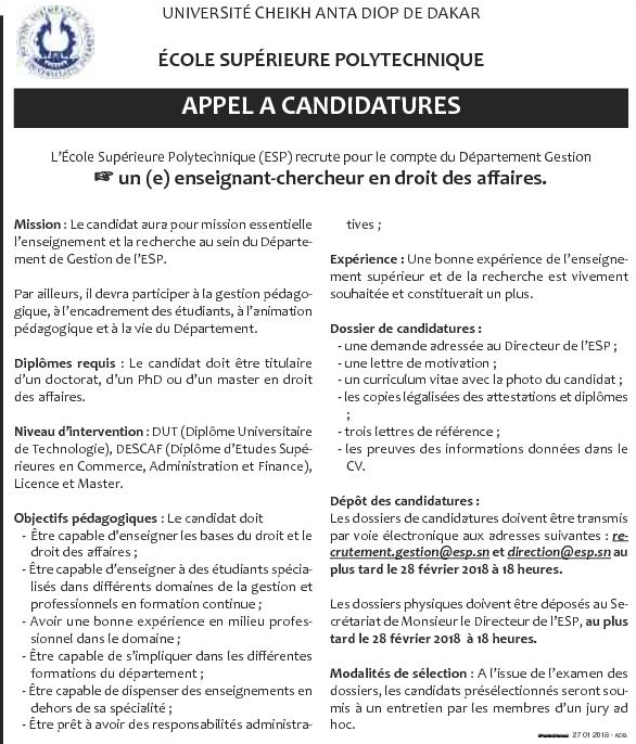 Recrutement d'un enseignant chercheur en droit des affaires