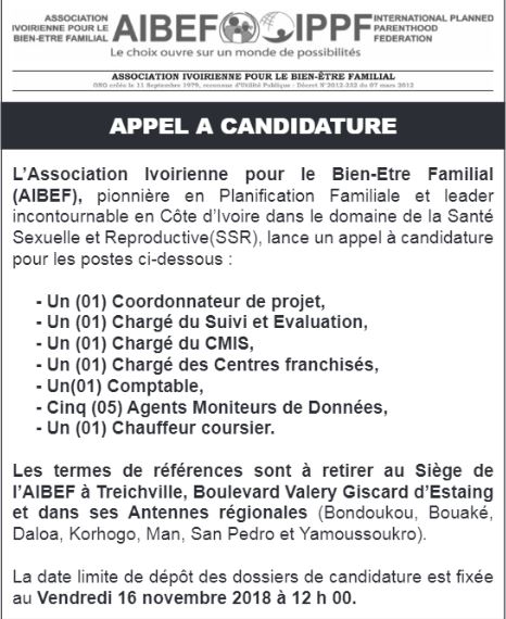 L'Association Ivoirienne pour le Bien-Etre Familial (AIBEF) recrute 11 ...