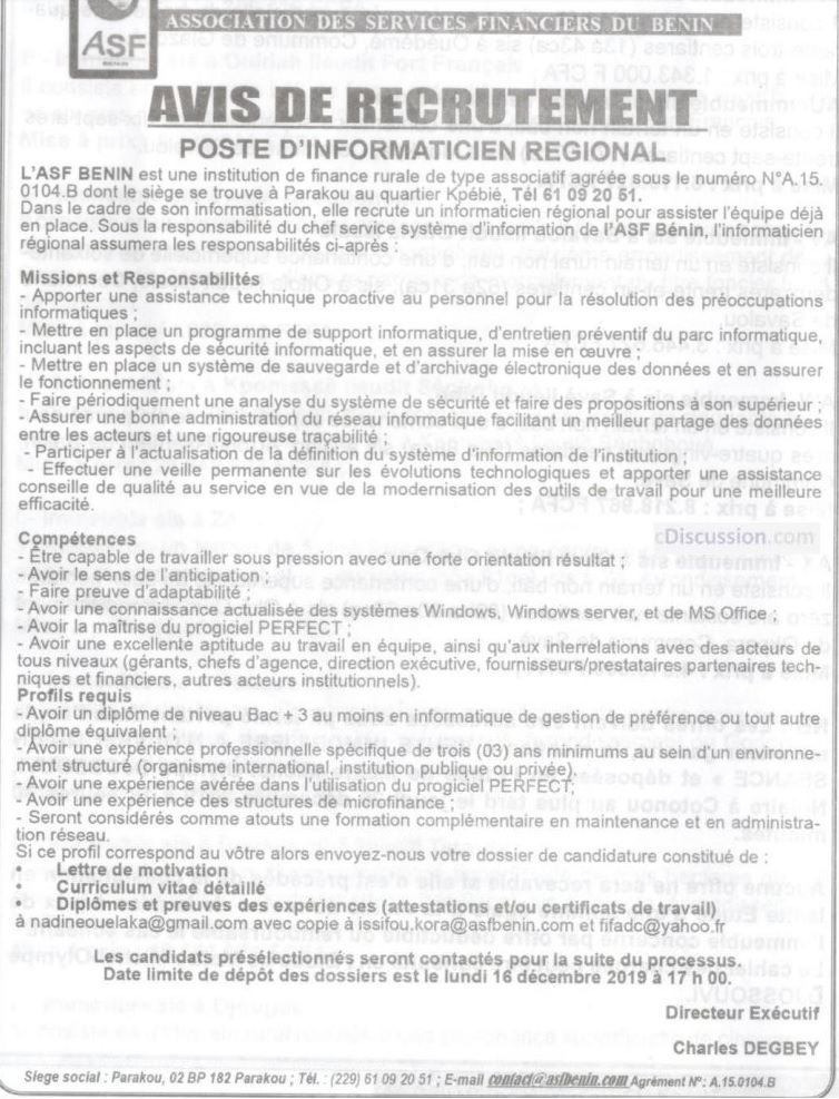 ASF BENIN recrute 01 Informaticien Régional - Concoursn.com