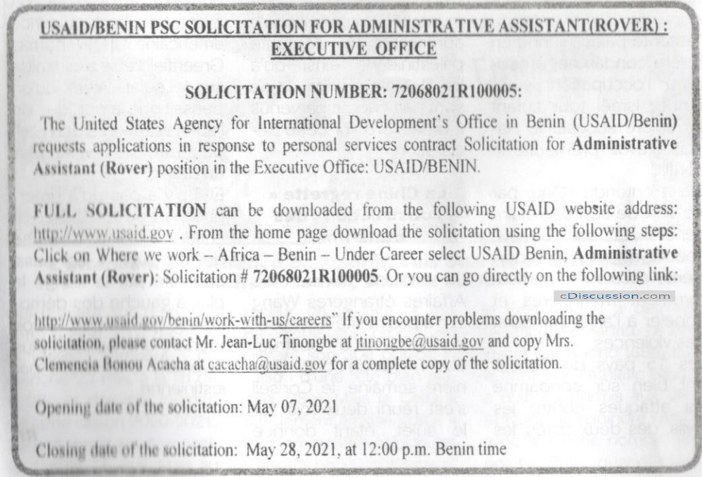 USAID recrute 01 Administrative Assistant (Rover): Executive Office