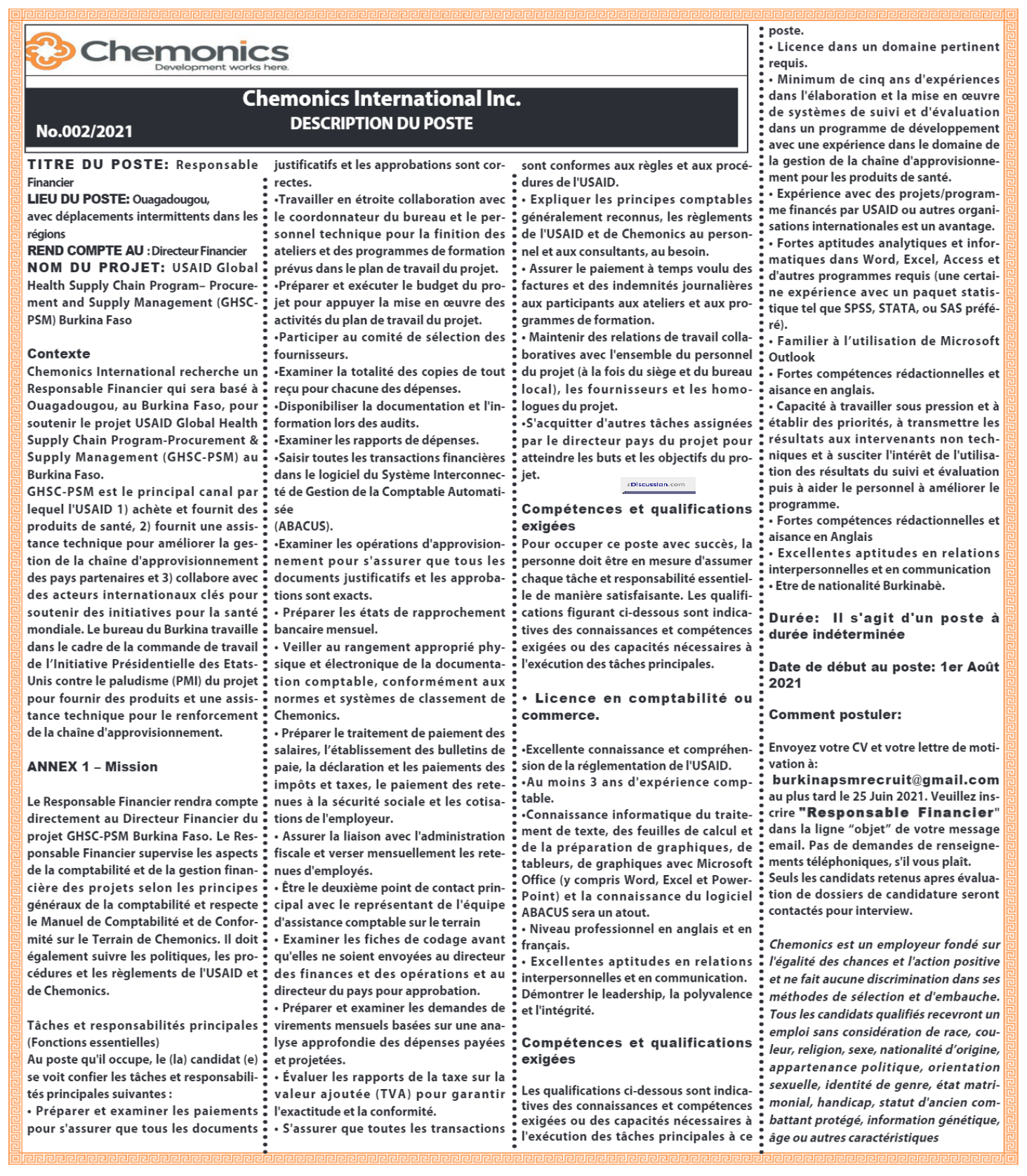 Chemonics International Inc recrute 01 Responsable Financier ...