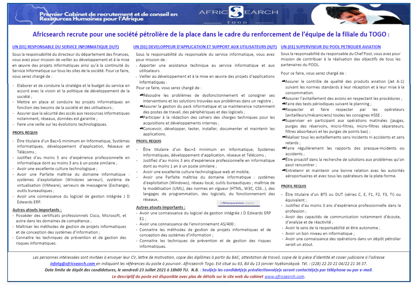 AFRICSEARCH recrute 01 Superviseur du pool petrolier aviation (H/F ...