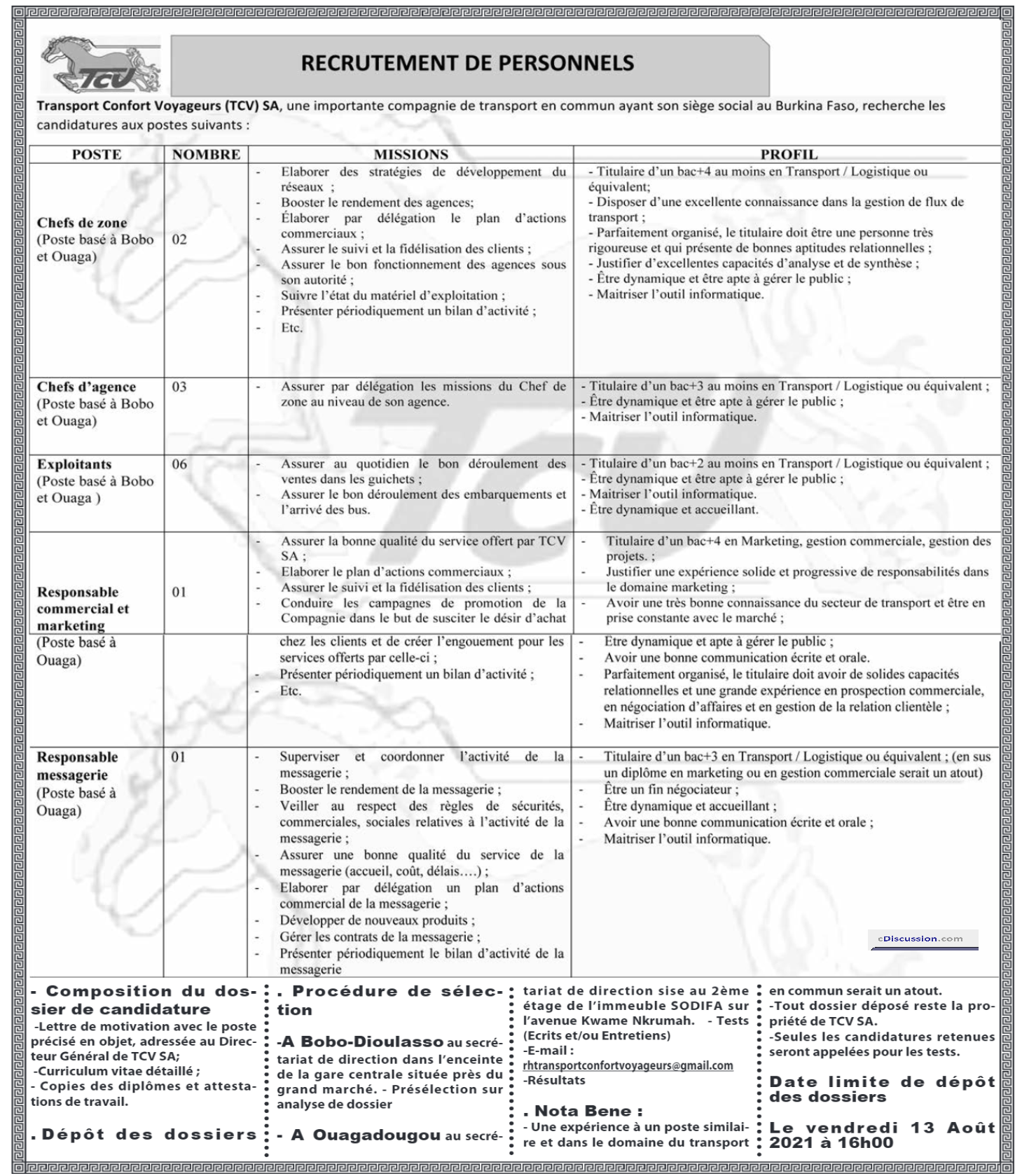 Transport Confort Voyageurs (TCV) SA recrute 06 Exploitants - Concoursn.com