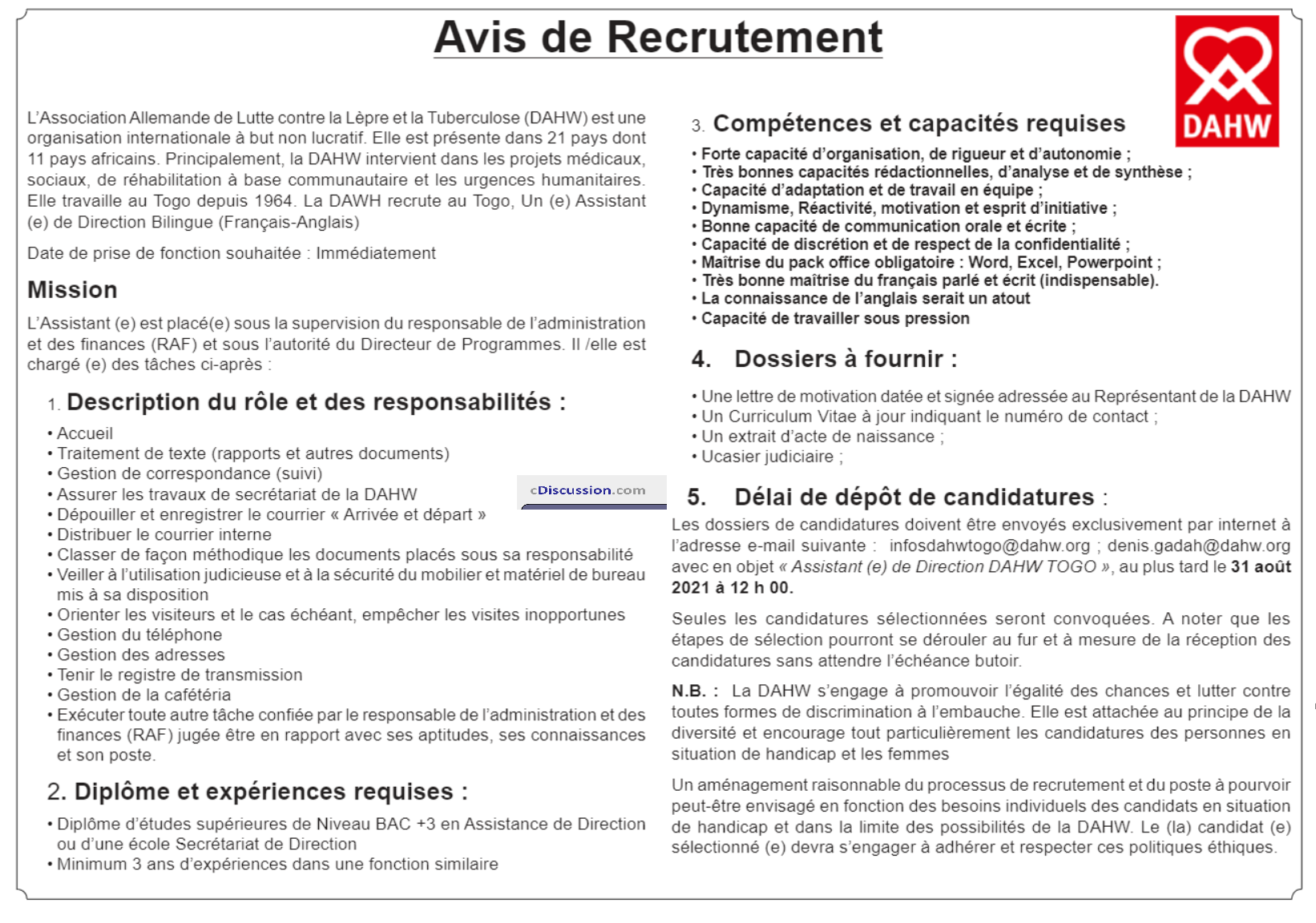 DAHW recrute 01 Assistant(e) de Direction Bilingue - Concoursn.com