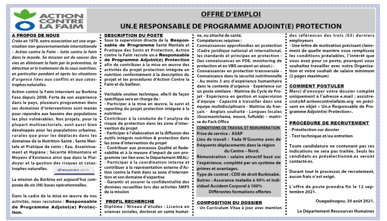 ACF recrute 01 Responsable de Programme Adjoint(e) Protection - Concoursn.com
