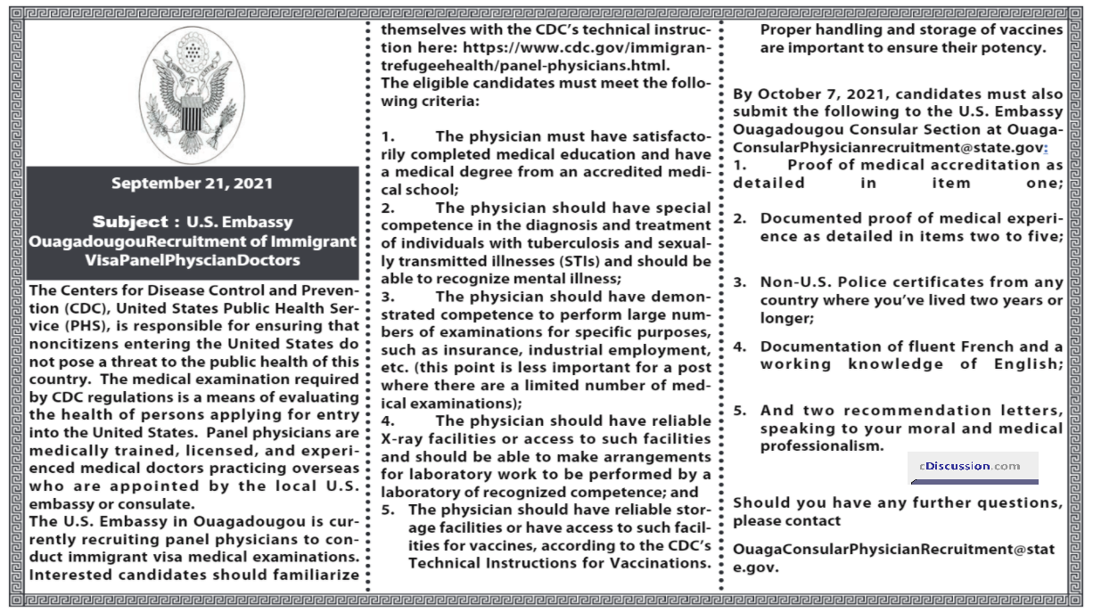 U.S Embassy Ouagadougou recruits 01 Immigrant Visa Panel Physcian ...