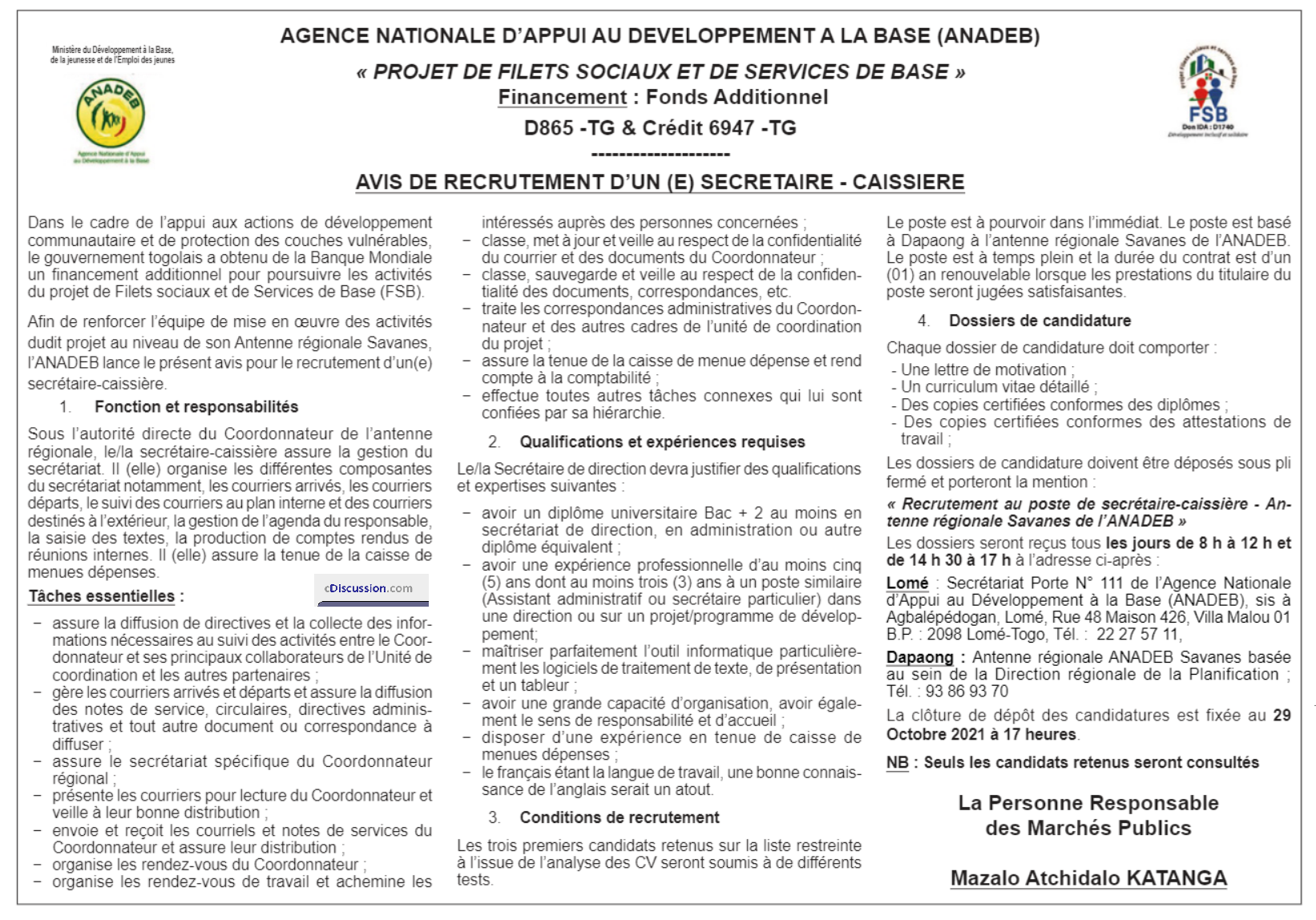 ANADEB recrute 01 Secrétaire - Caissière