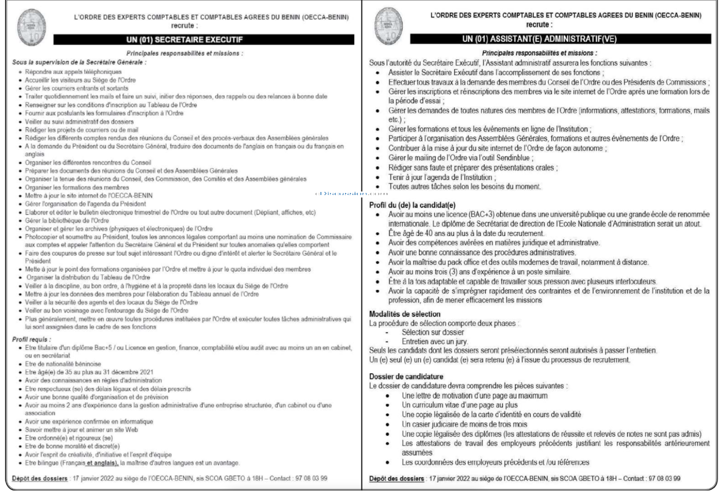 OECCA-Bénin recrute 01 Secrétaire Exécutif - Concoursn.com