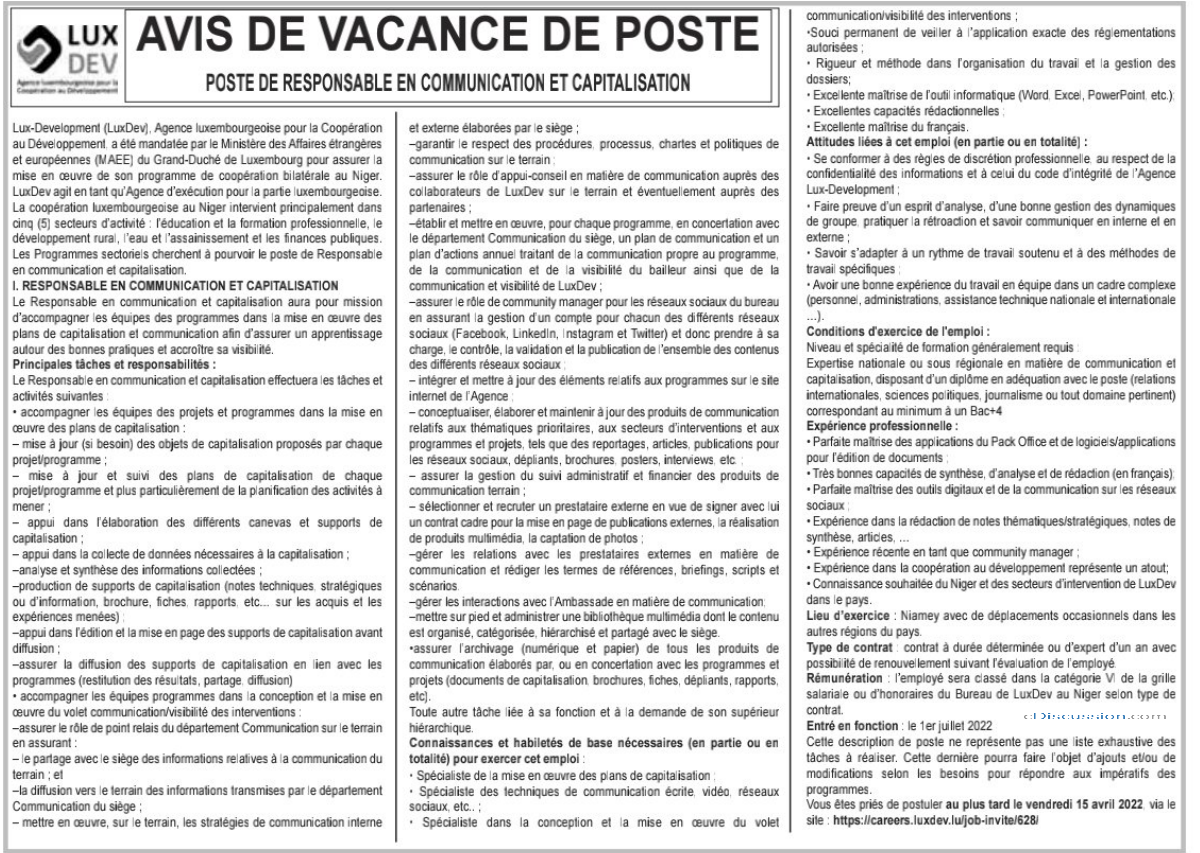 LuxDev recrute 01 Responsable en Communication et Capitalisation