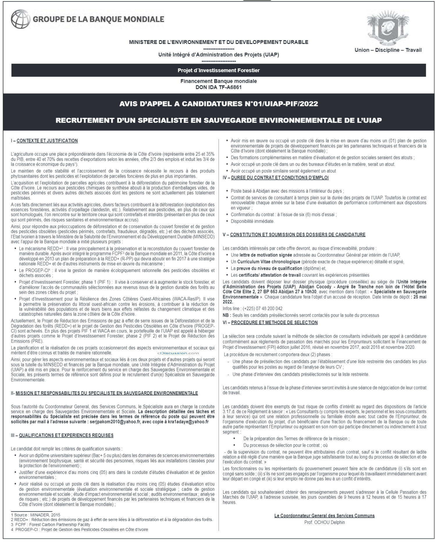 UIAP recrute 01 Spécialiste en sauvegarde environnementale de l'UIAP ...