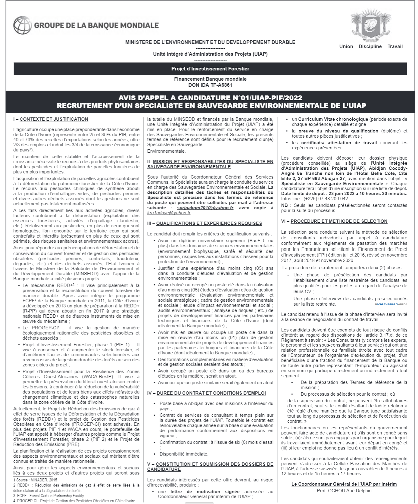 UIAP recrute 01 Spécialiste en sauvegarde environnementale - Concoursn.com