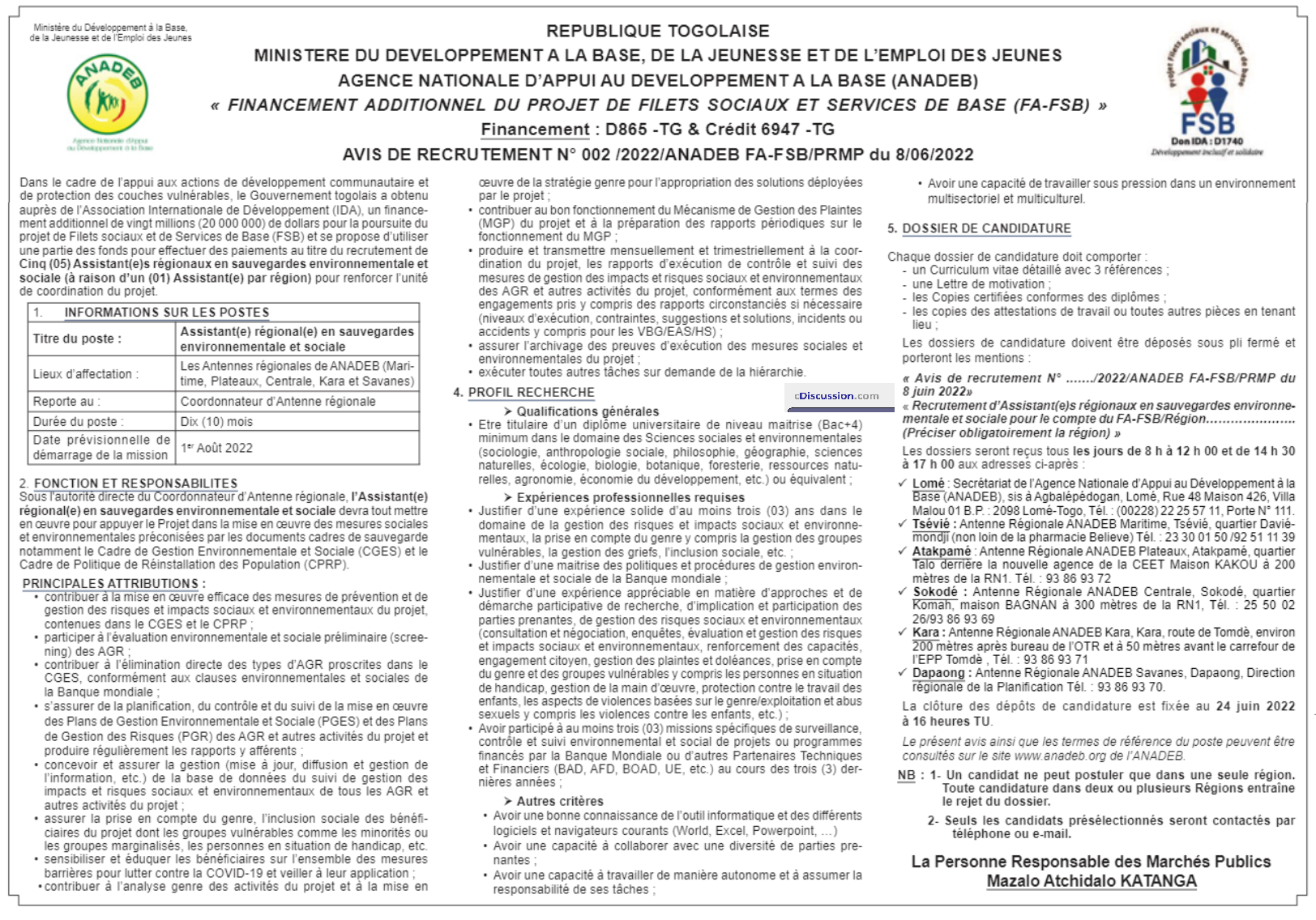 ANADEB recrute 05 Assistant(e)s Régionaux en Sauvegardes ...