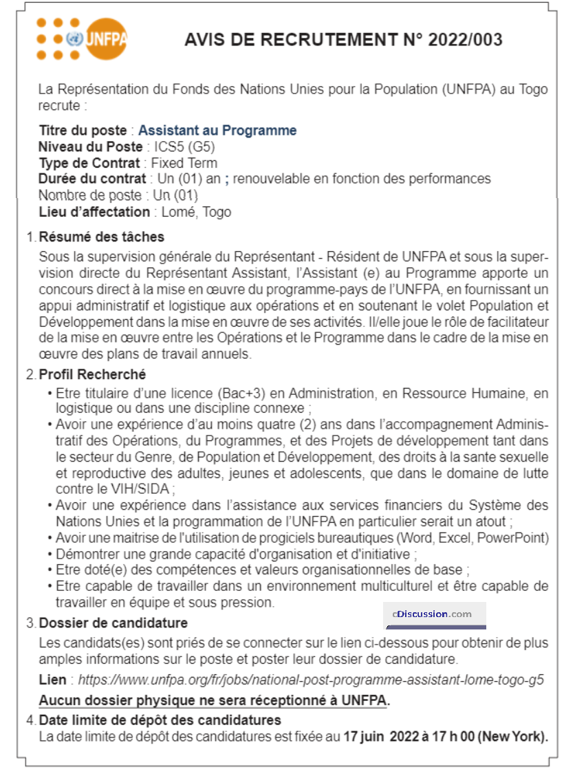 UNFPA recrute 01 Assistant au Programme - Concoursn.com