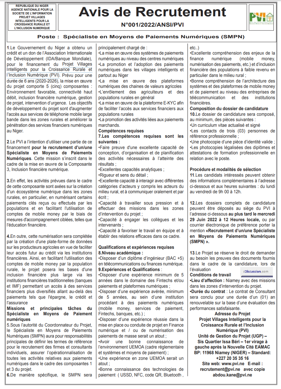 PVI recrute 01 Spécialiste en Moyens de Paiements Numériques ...