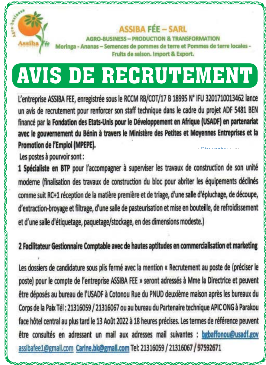 L'entreprise ASSIBA FEE recrute 01 Spécialiste en BTP - Concoursn.com