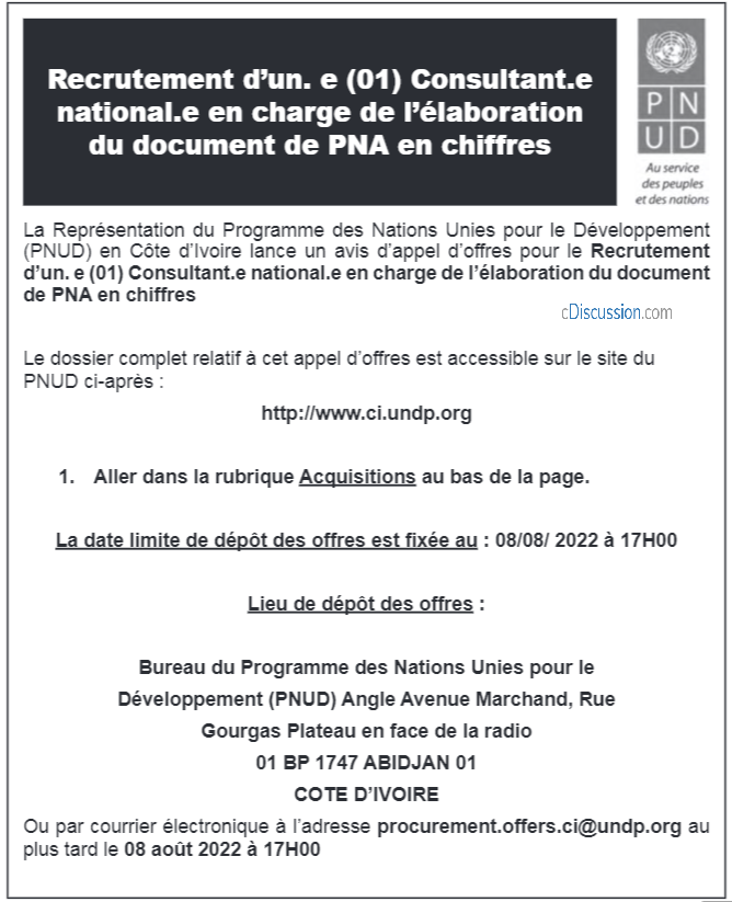 PNUD recrute 01 Consultant.e national.e en charge de l'élaboration du ...