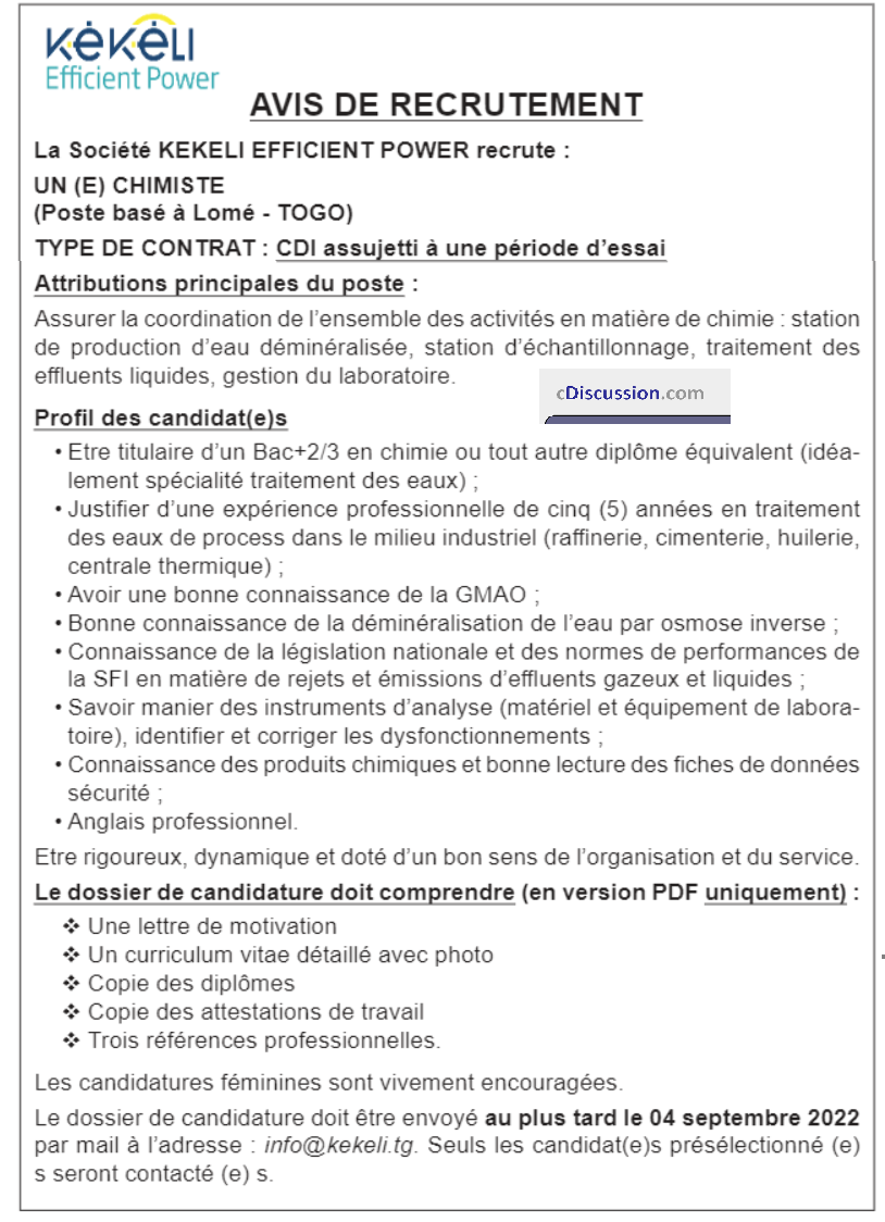 Kékéli Efficient Power recrute 01 Chimiste - Concoursn.com