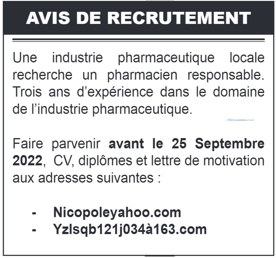 Une industrie pharmaceutique recrute 01 Pharmacien Responsable