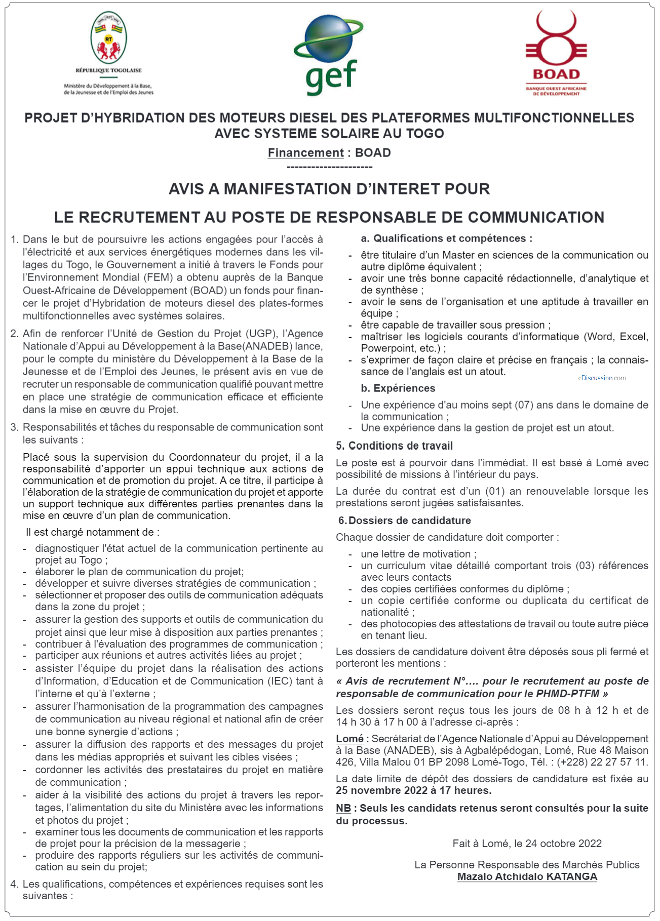 ANADEB recrute : Responsable de Communication (H/F)