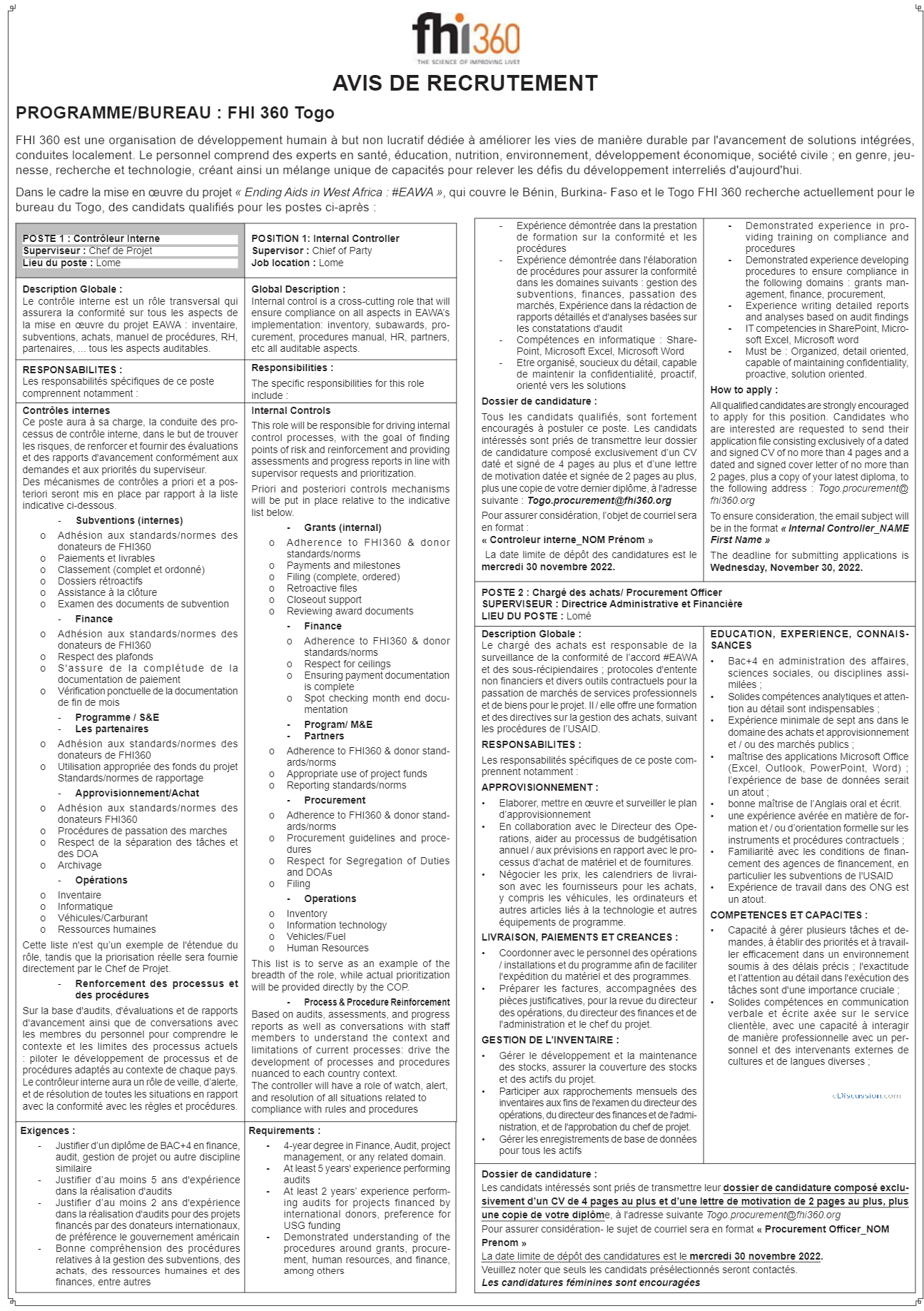 FHI 360 recrute 01 Chargé des achats/Procurement Officer - Concoursn.com