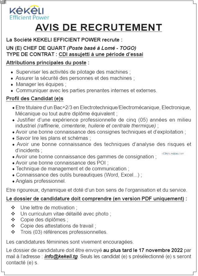 La Société KEKELI EFFICIENT POWER au Togo recrute