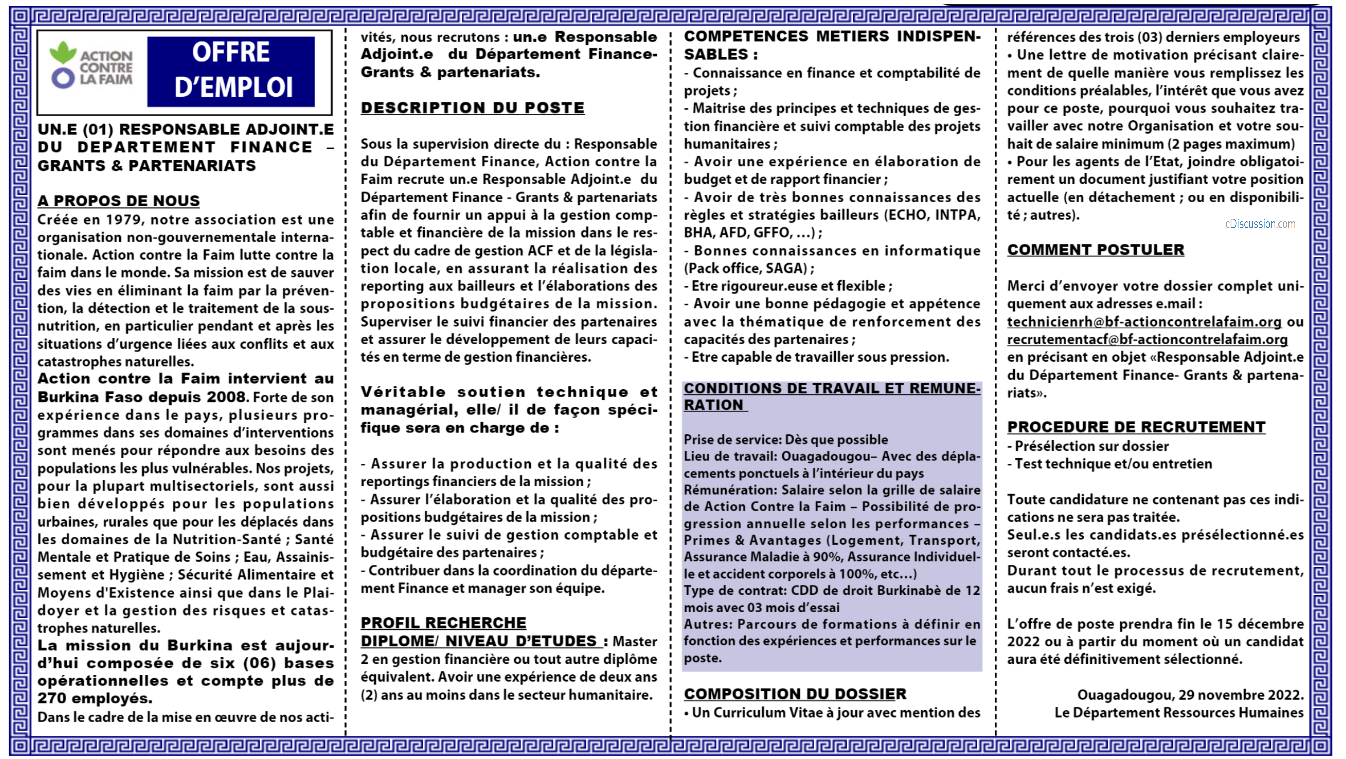 ACF recrute 01 Responsable Adjoint.e du département finance grants ...