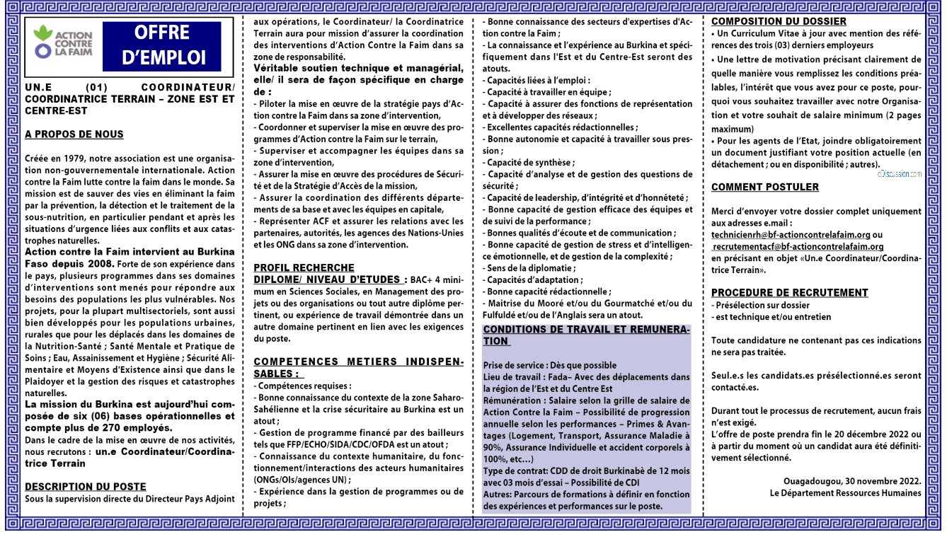 ACF recrute 01 Coordinateur/Coordinatrice terrain-Zone Est et Centre ...