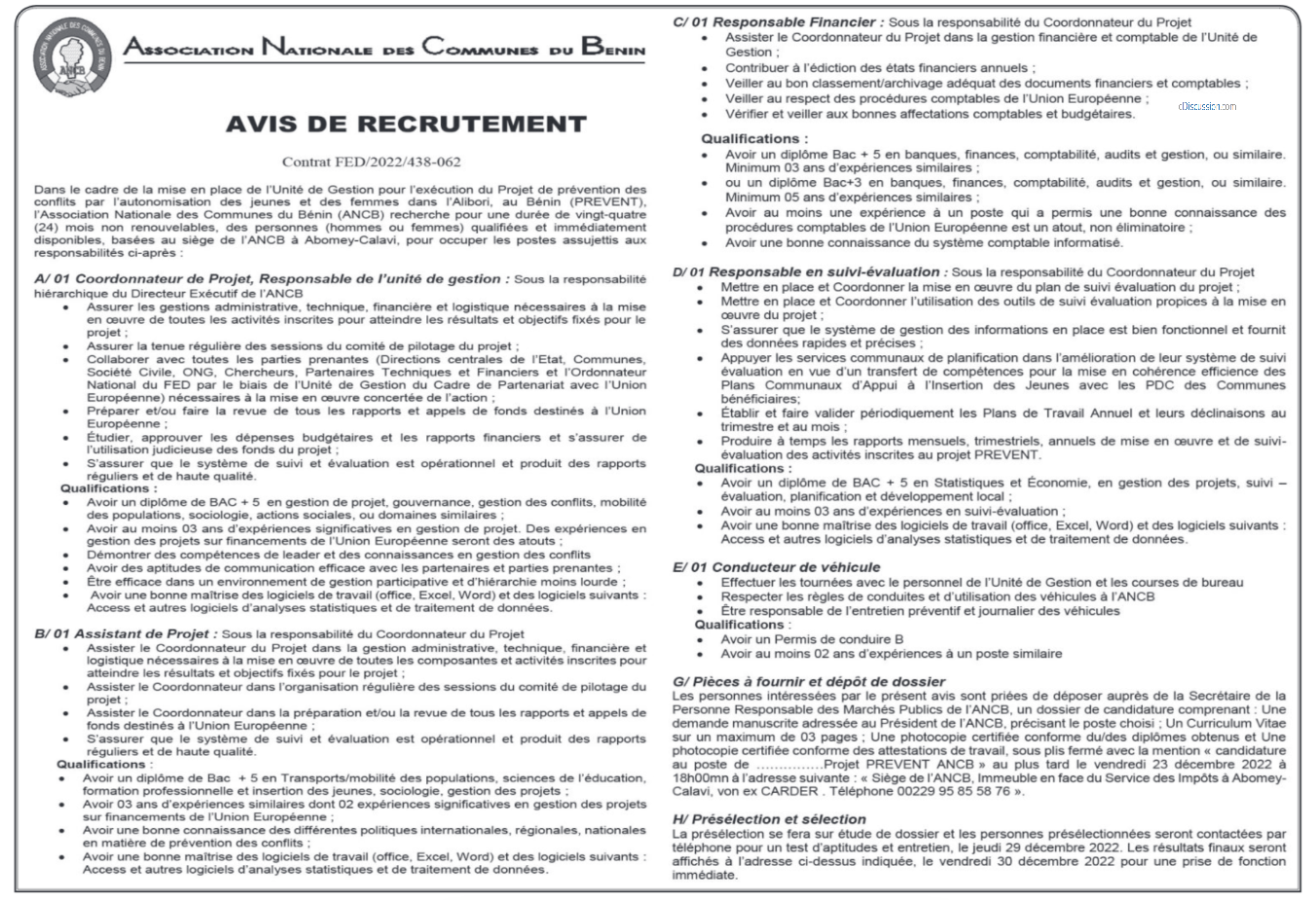 ANCB recrute 01 Responsable en Suivi-Evaluation - Concoursn.com