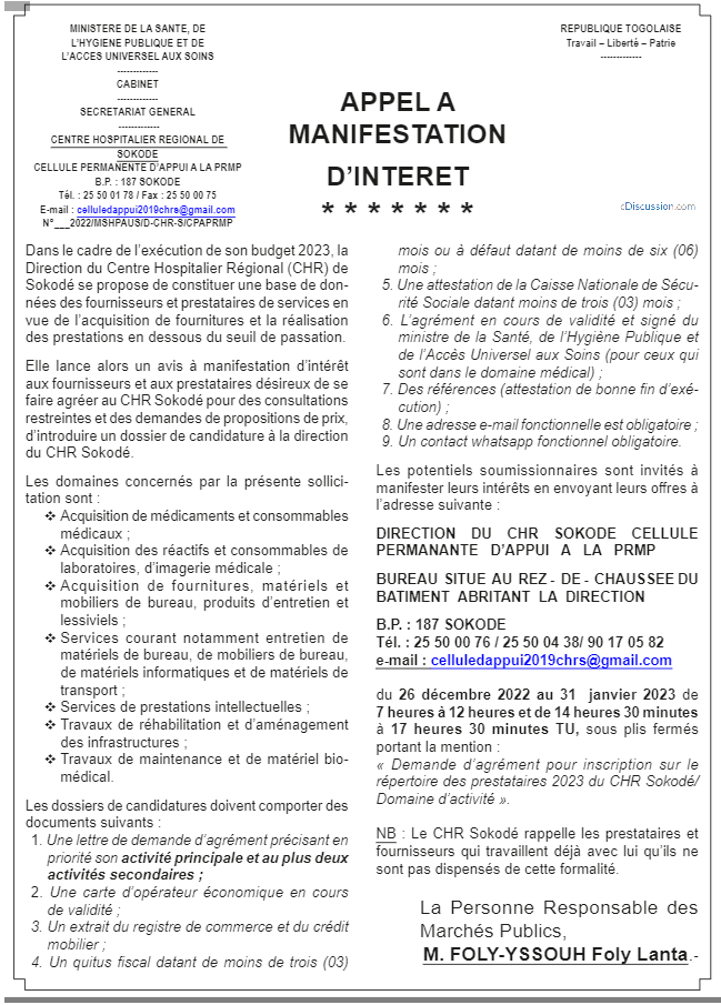 Appel à manifestation d'intérêt de la Direction du Centre Hospitalier ...