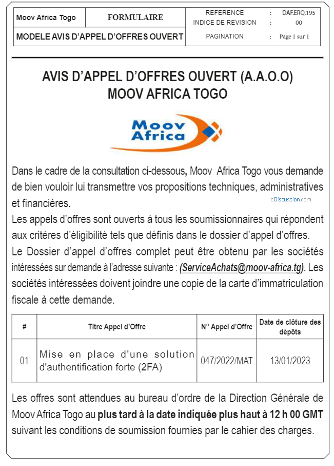 MOOV AFRICA TOGO : Dossier d'appel d'Offres pour la Mise en place d'une solution d ...