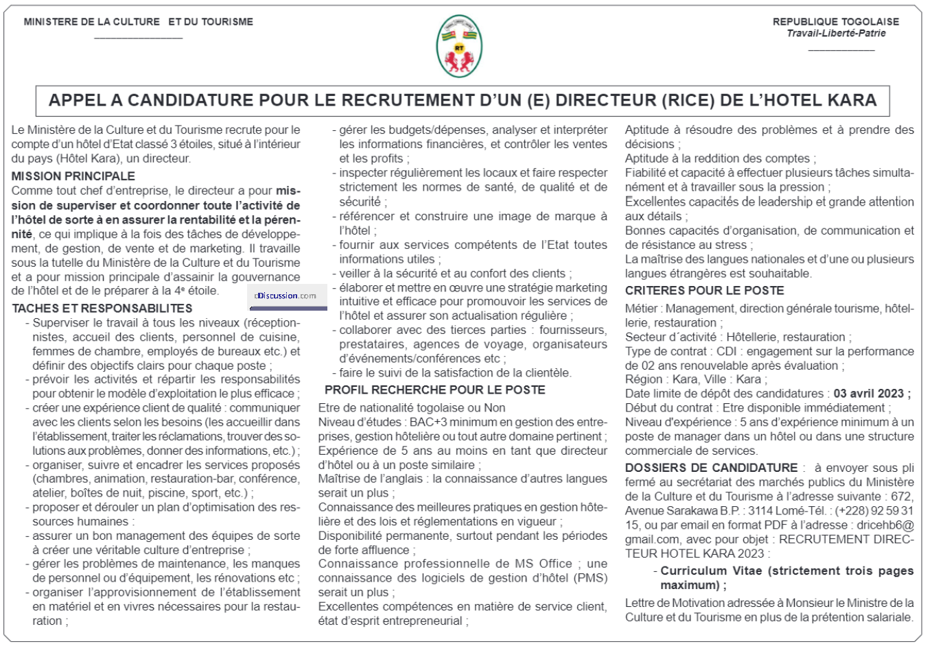 Ministère de la Culture et du Tourisme recrute 01 Directeur(trice) de l ...