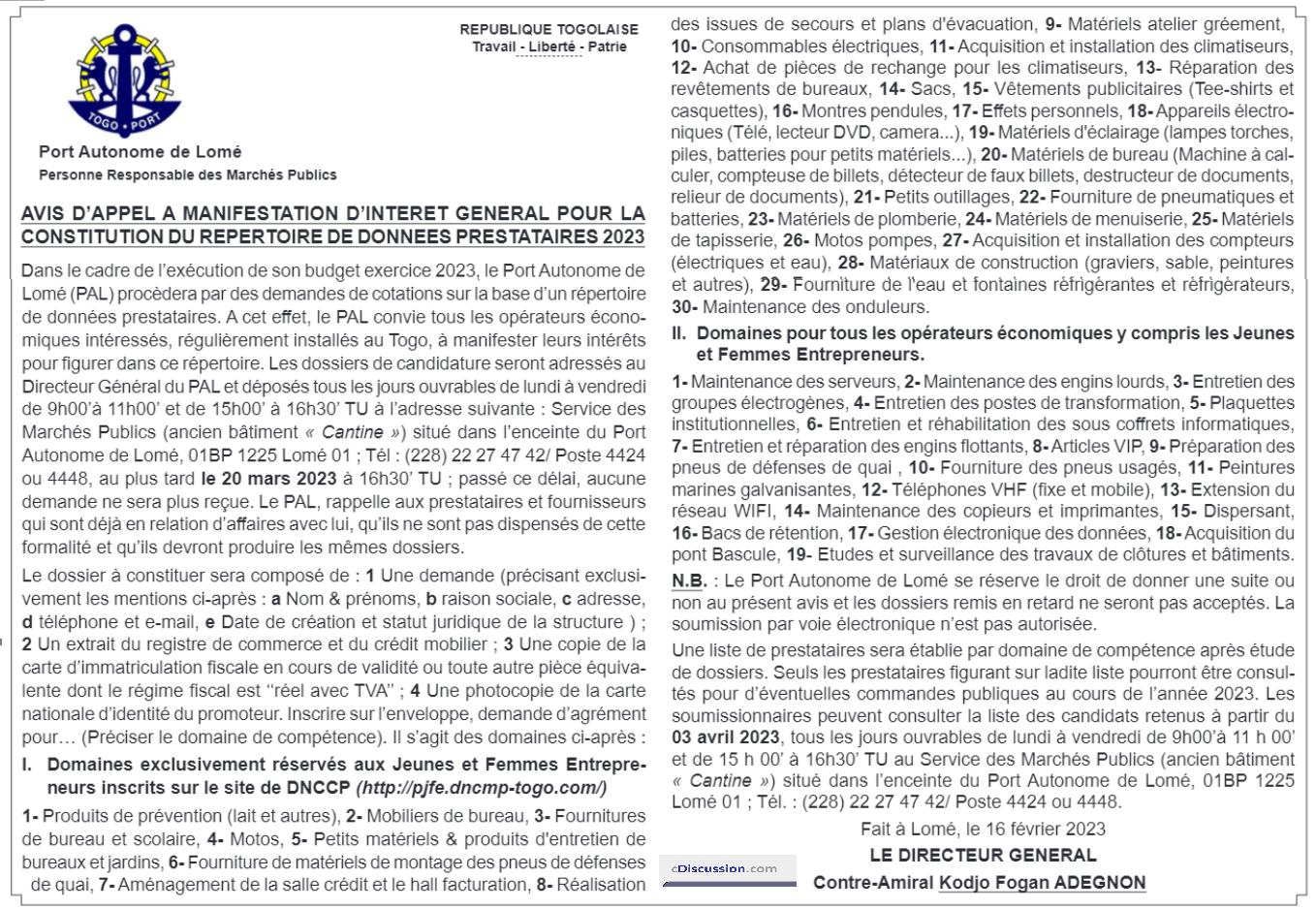 Port Autonome de Lomé - AVIS D'APPEL A MANIFESTATION D'INTERET GENERAL