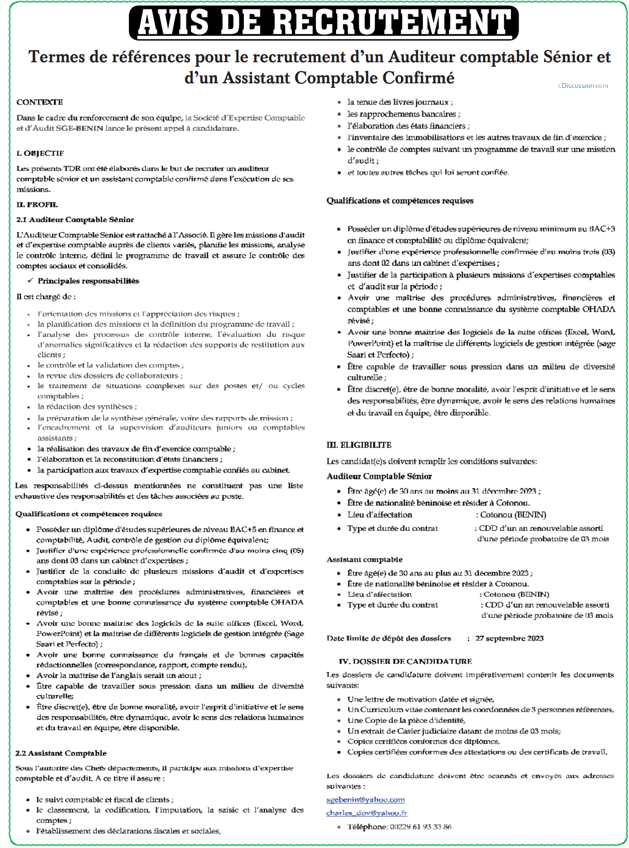 SGE-BENIN recrute 01 Auditeur Comptable Sénior - Concoursn.com