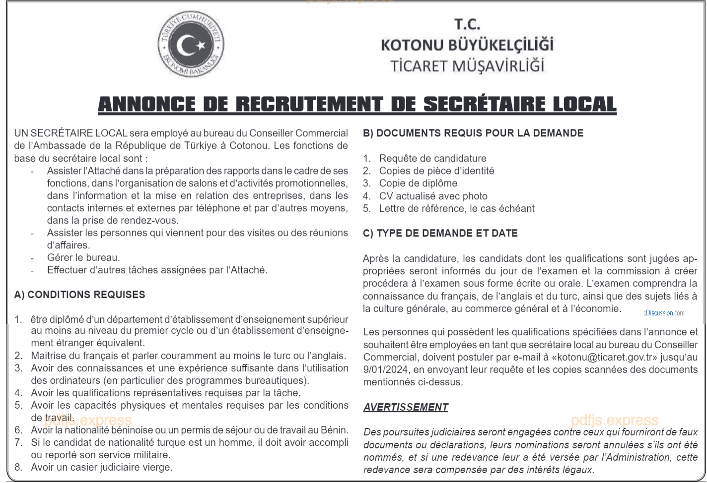 RECRUTEMENT BENIN: L'ambassade De La Republique De Turkiye à Cotonou Pour Son Propre Compte ...