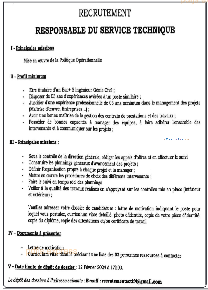 Une structure de la place recrute 01 Responsable du service technique ...