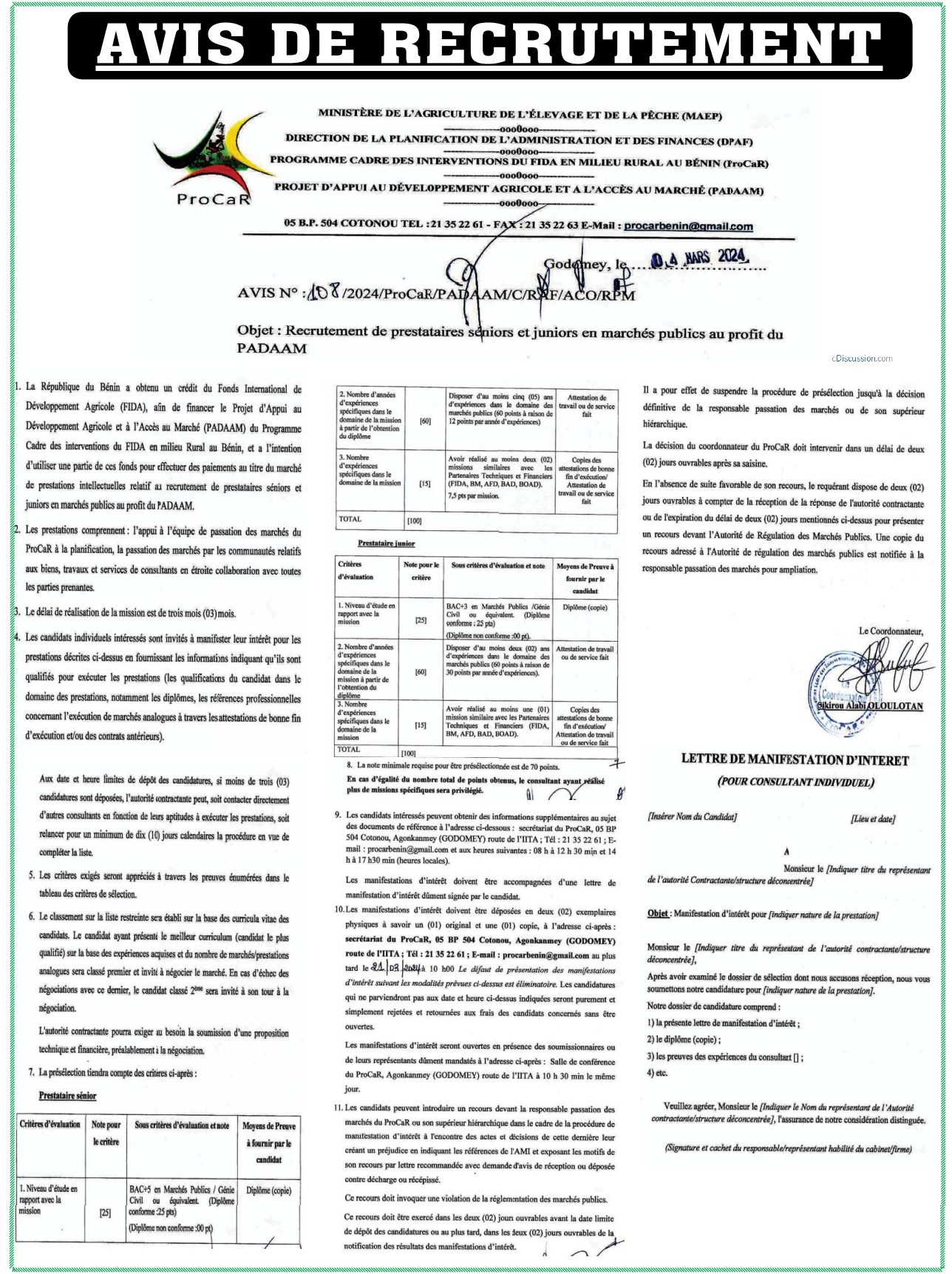 PADAAM recrute des Prestataires séniors et juniors en marchés publics